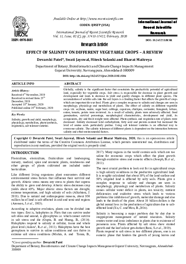 (PDF) Effect of Salinity on Different Vegetable Crops – a Review