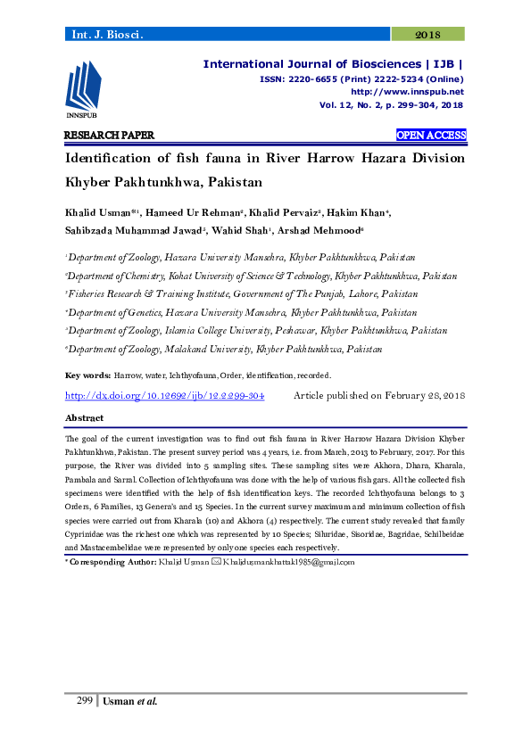 (PDF) Identification of fish fauna in River Harrow Hazara Division