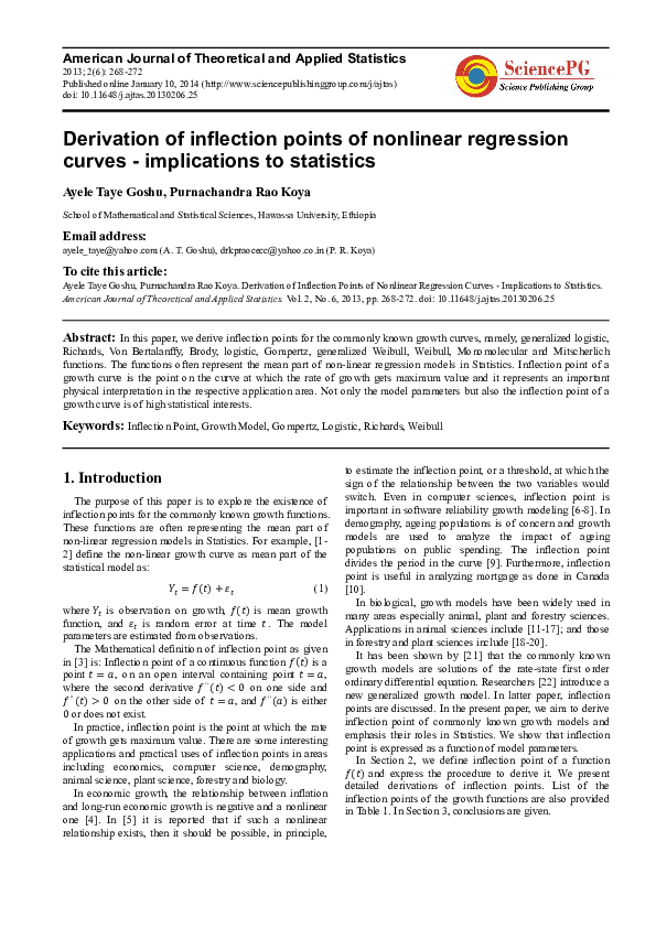 (PDF) Derivation of inflection points of nonlinear regression curves -implications to statistics