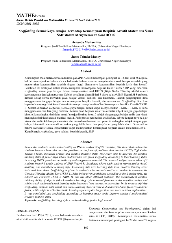 (PDF) Scaffolding Sesuai Gaya Belajar Terhadap Kemampuan Berpikir Kreatif Matematis Siswa SMP ...