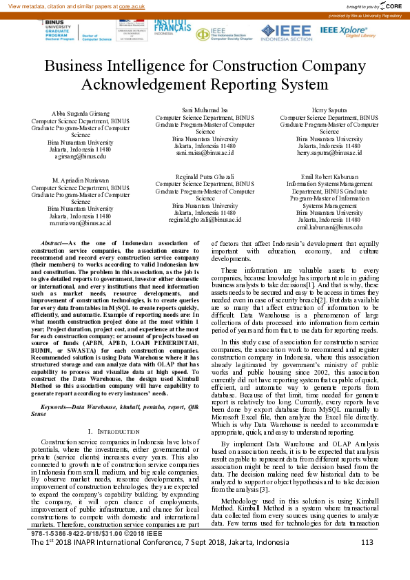 (PDF) Business Intelligence for Construction Company Acknowledgement Reporting System