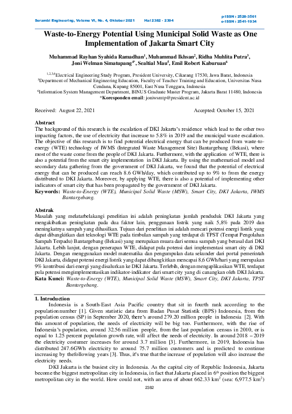 (PDF) Waste-to-Energy Potential Using Municipal Solid Waste as One ...