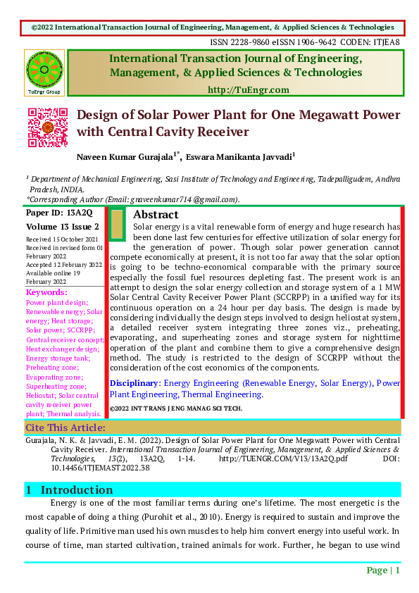 Design of Solar Power Plant for One Megawatt Power with Central Cavity ...