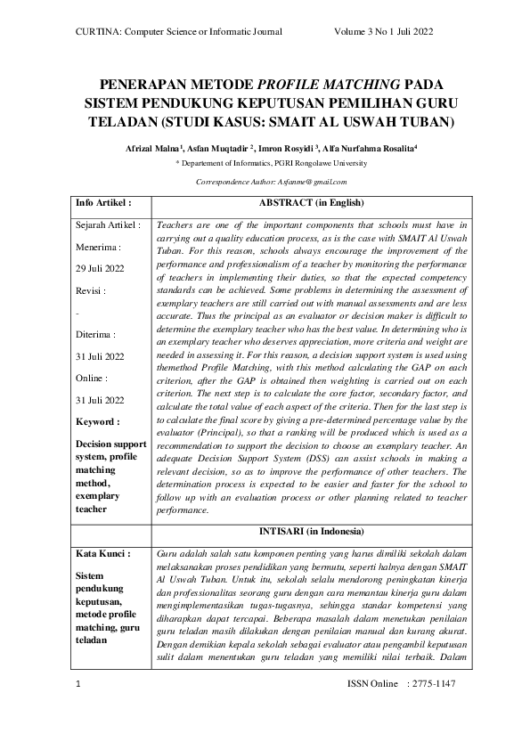 (PDF) Penerapan Metode Profile Matching Pada Sistem Pendukung Keputusan Pemilihan Guru Teladan ...
