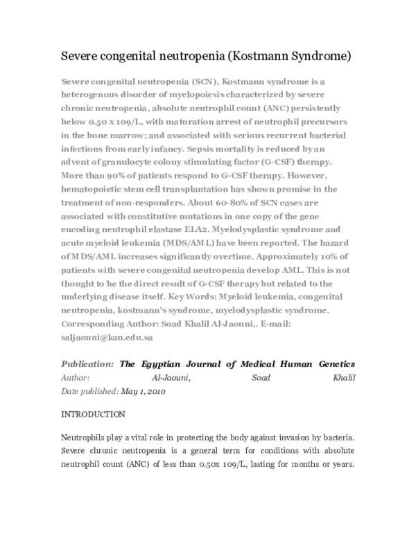 (PDF) Severe congenital neutropenia (Kostmann Syndrome)