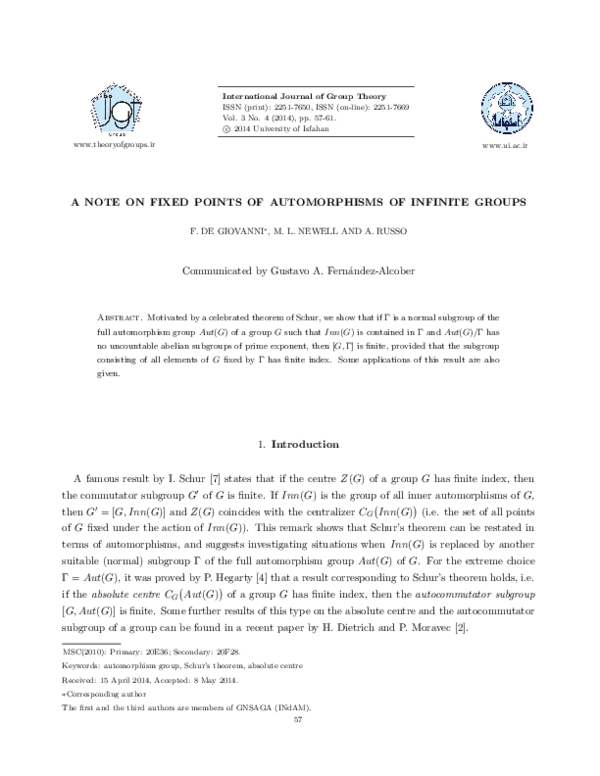 (PDF) A note on fixed points of automorphisms of infinite groups