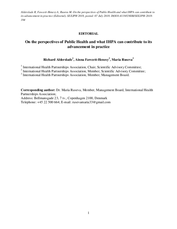 (PDF) On the perspectives of Public Health and what IHPA can contribute ...