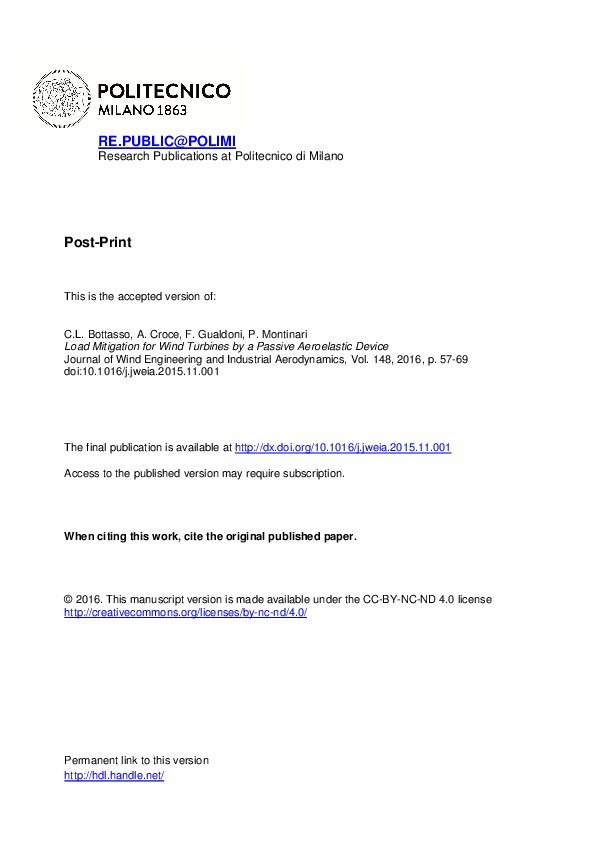 (PDF) Load mitigation for wind turbines by a passive aeroelastic device