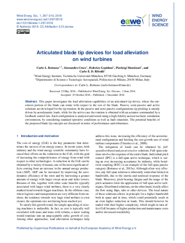 (PDF) Articulated blade tip devices for load alleviation on wind turbines