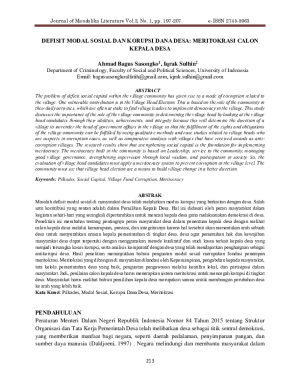 (PDF) Defisit Modal Sosial Dan Korupsi Dana Desa: Meritokrasi Calon ...