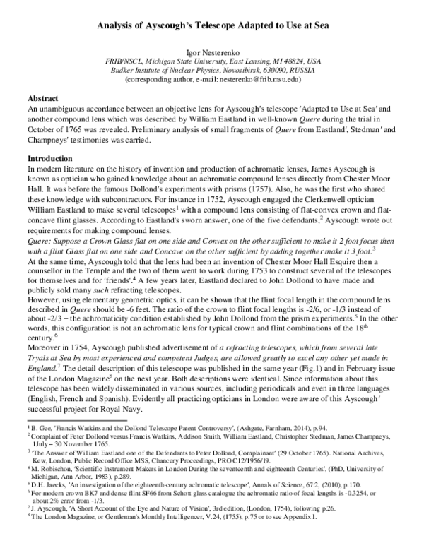 (PDF) Analysis of Ayscough's Telescope Adapted to Use at Sea