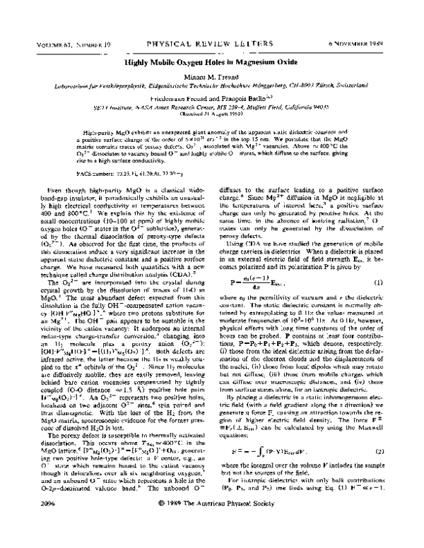 (PDF) Highly mobile oxygen holes in magnesium oxide