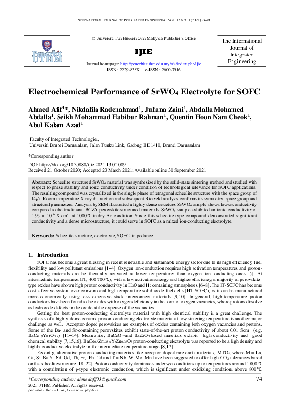 (PDF) Electrochemical Performance of SrWO4 Electrolyte for SOFC