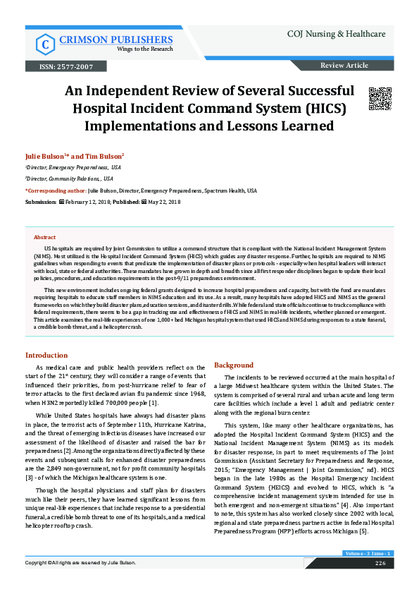 (PDF) An Independent Review of Several Successful Hospital Incident Command System (HICS ...