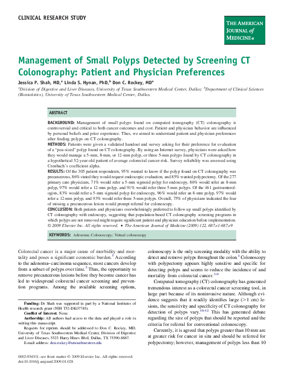(PDF) Management of Small Polyps Detected by Screening CT Colonography