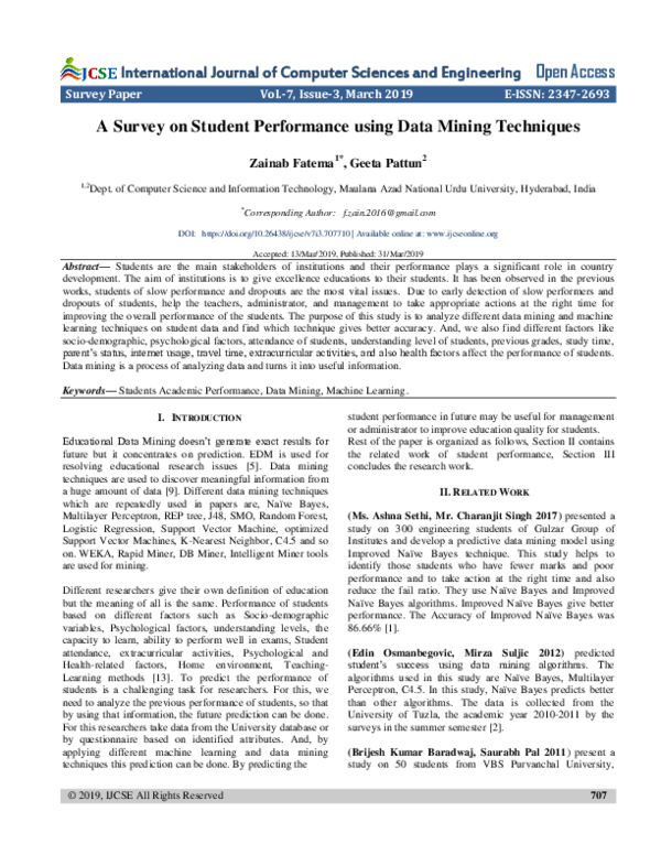 (PDF) A Survey on Student Performance using Data Mining Techniques