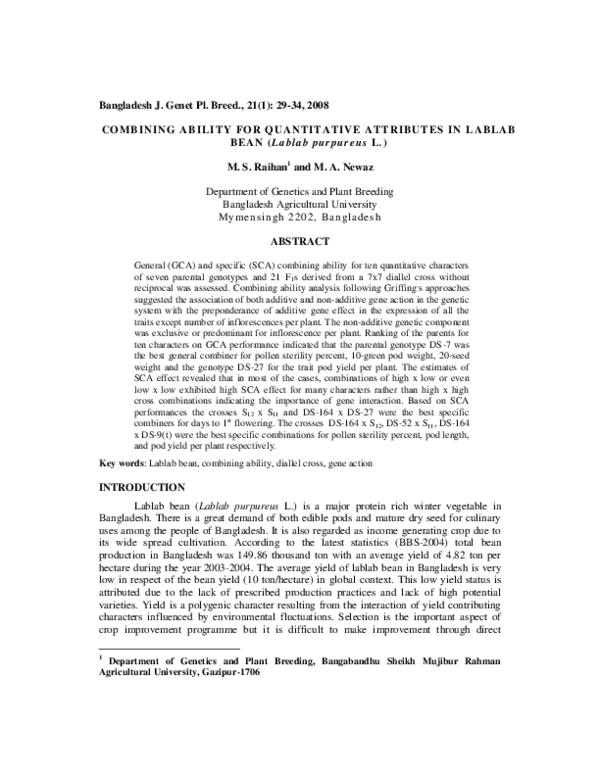 (PDF) COMBINING ABILITY FOR QUANTITATIVE ATTRIBUTES IN LABLAB BEAN ...