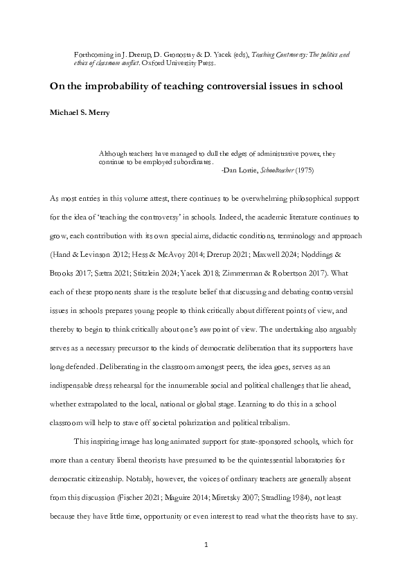 (PDF) On the Improbability of Teaching Controversial Issues in School