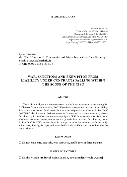 (PDF) WAR, SANCTIONS AND EXEMPTION FROM LIABILITY UNDER CONTRACTS ...