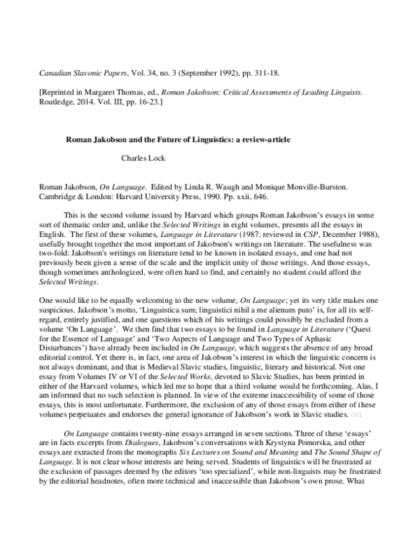 (PDF) Roman Jakobson and the Future of Linguistics: a review-article of ...