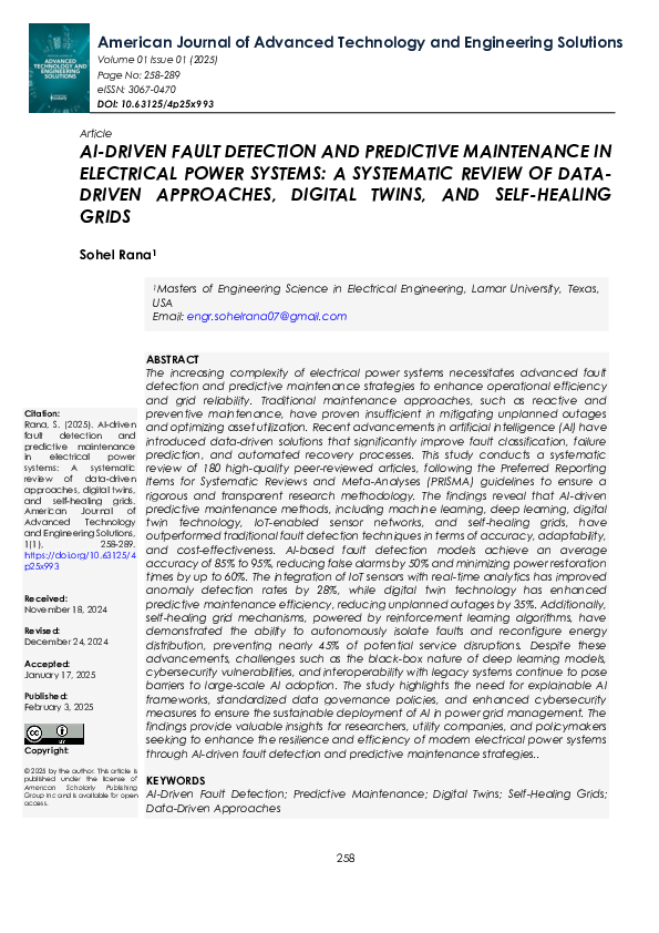 (PDF) AI-DRIVEN FAULT DETECTION AND PREDICTIVE MAINTENANCE IN ELECTRICAL POWER SYSTEMS: A ...