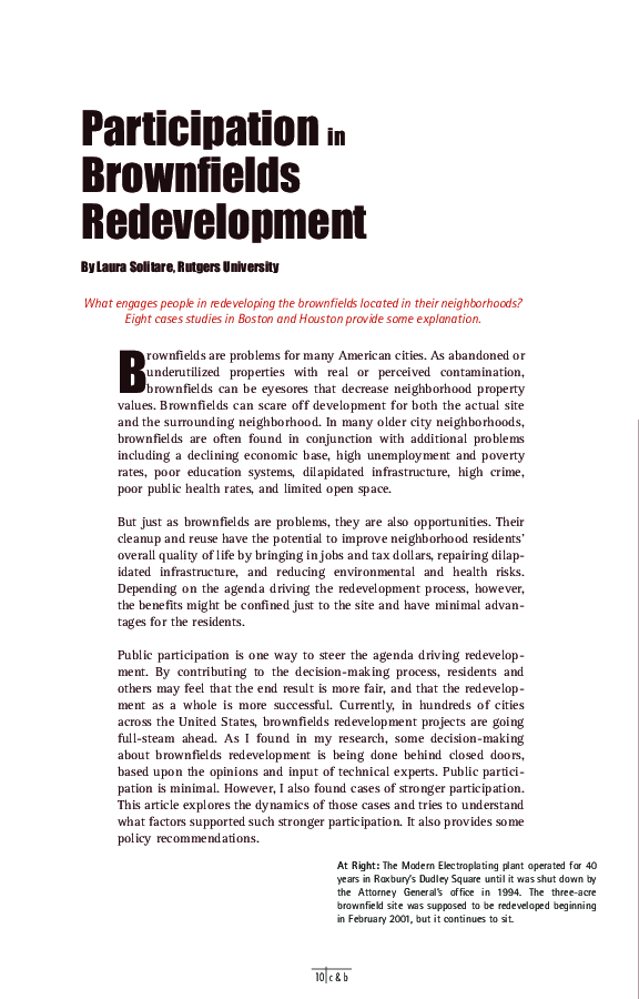 (PDF) Participation in brownfields redevelopment
