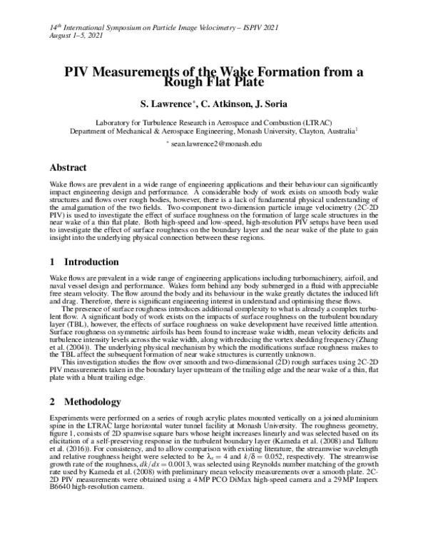 (PDF) PIV Measurements of the Wake Formation from a Rough Flat Plate