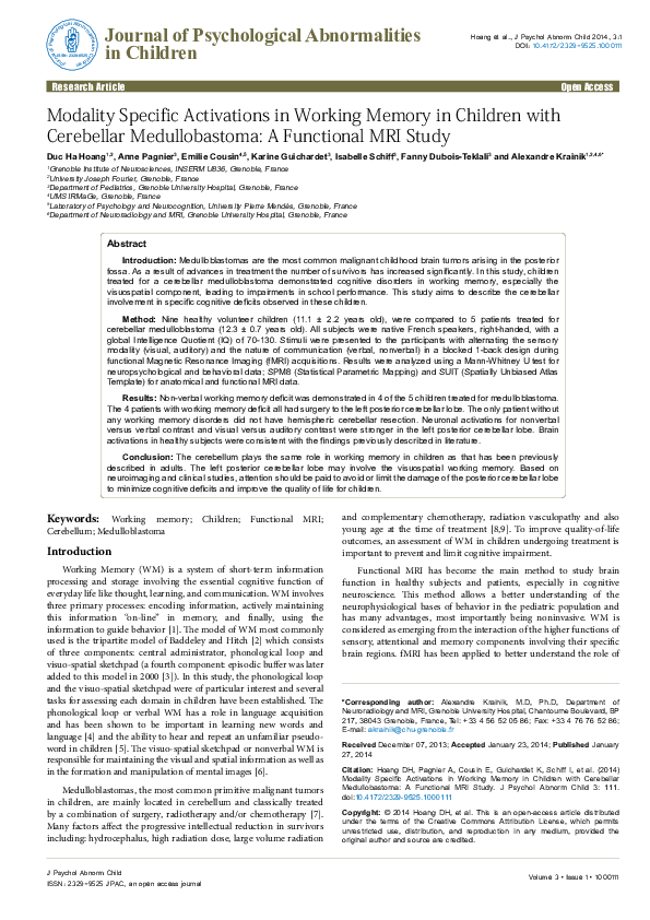 (PDF) Modality Specific Activations in Working Memory in Children with Cerebellar Medullobastoma ...