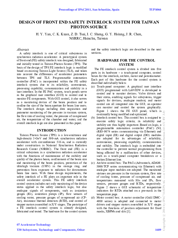 (PDF) Design of Front End Safety Interlock System for Taiwan Photon Source
