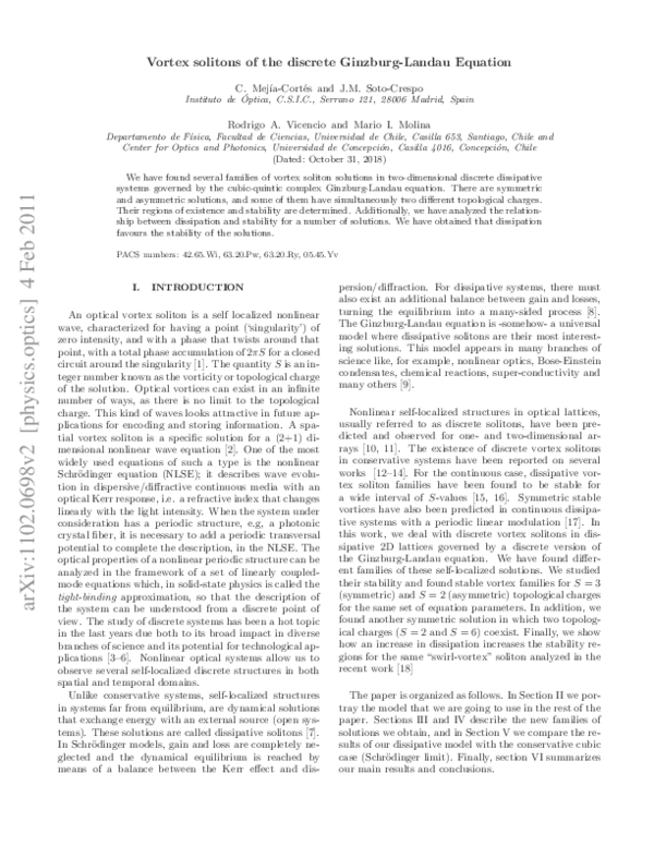 (PDF) Vortex solitons of the discrete Ginzburg-Landau equation