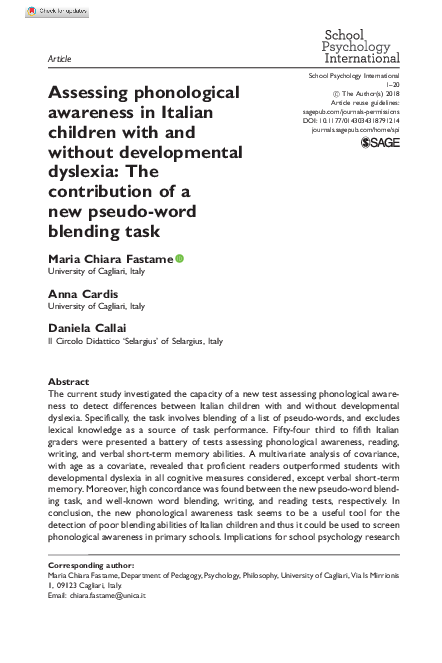 (PDF) Assessing phonological awareness in Italian children with and ...