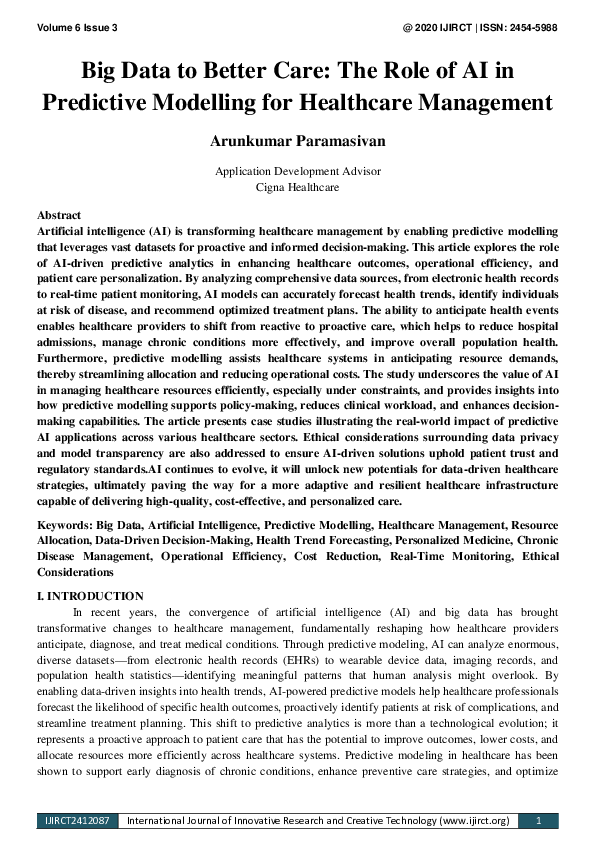 (PDF) Big Data to Better Care: The Role of AI in Predictive Modelling for Healthcare Management