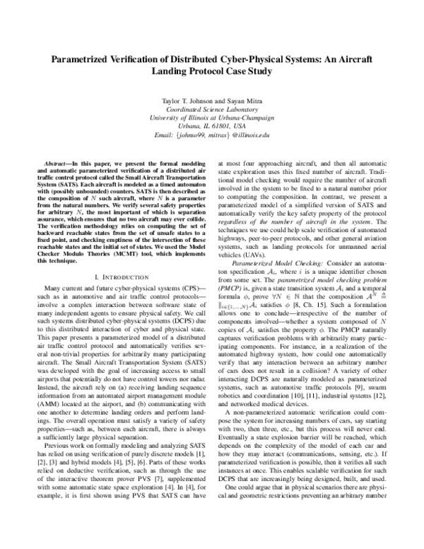 Pdf Parametrized Verification Of Distributed Cyber Physical Systems An Aircraft Landing