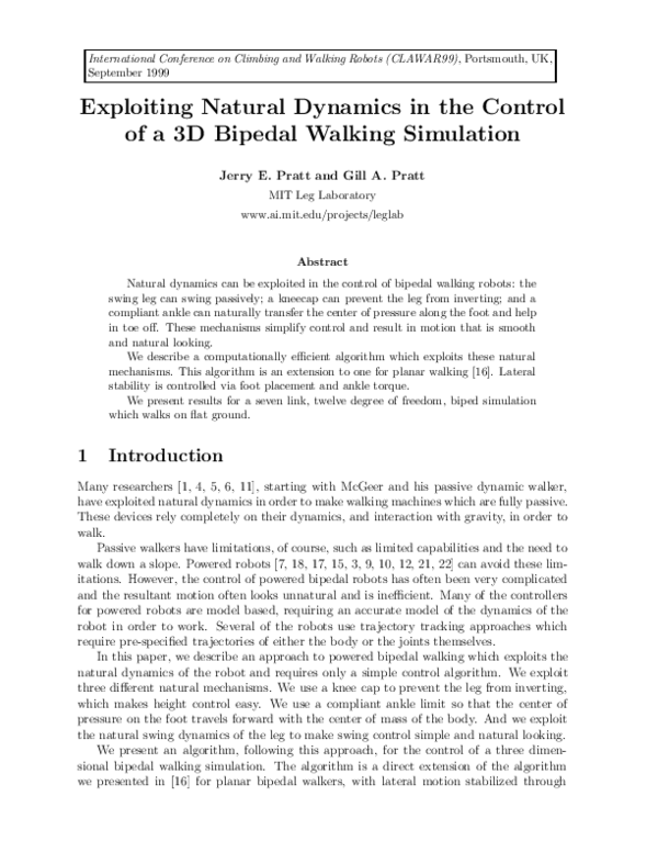 (PDF) Exploiting natural dynamics in the control of a 3d bipedal walking simulation