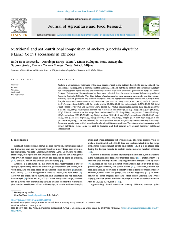 (PDF) Nutritional and anti-nutritional composition of anchote (Coccinia ...