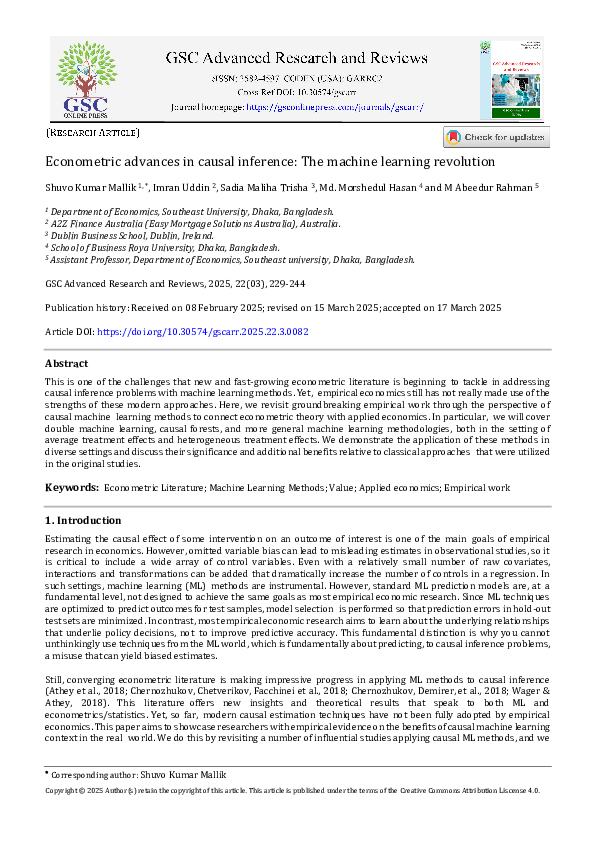 (PDF) Econometric advances in causal inference: The machine learning ...