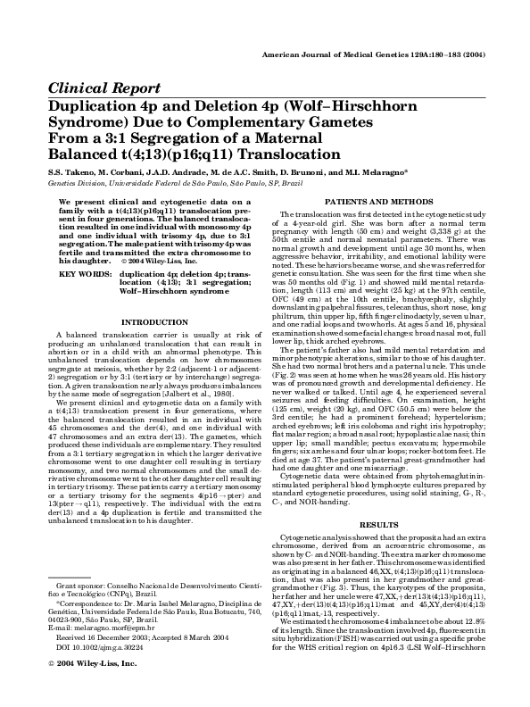 (PDF) Duplication 4p and deletion 4p (Wolf–Hirschhorn syndrome) due to ...