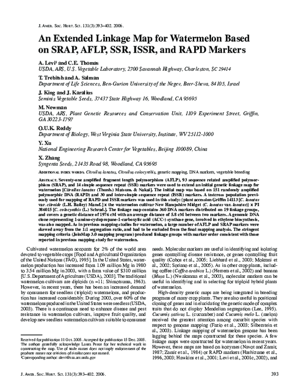 (PDF) An Extended Linkage Map for Watermelon Based on SRAP, AFLP, SSR ...