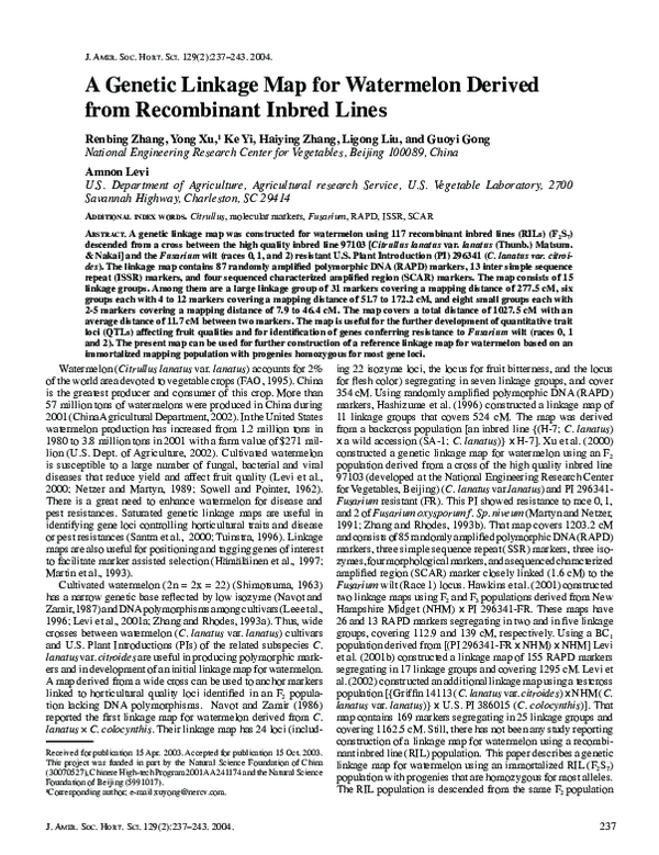 (PDF) A Genetic Linkage Map for Watermelon Derived from Recombinant ...