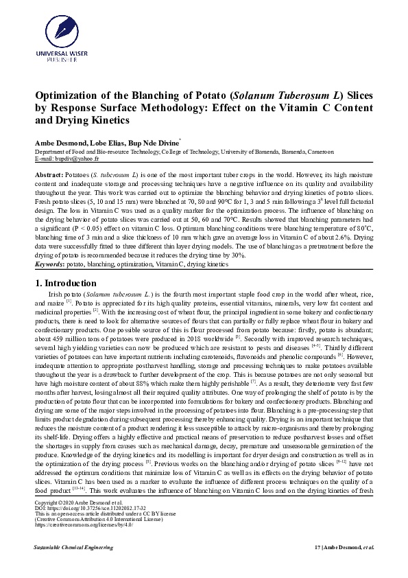 (PDF) Optimization of the blanching of potato (Solanum tuberosum L) slices by response surface ...