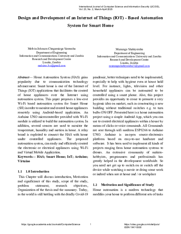(PDF) Design and Development of an Internet of Things (IOT) - Based Automation System for Smart Home