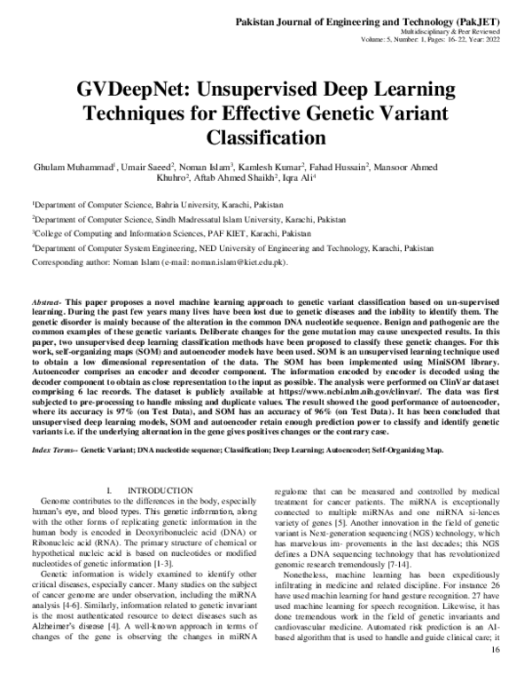 (PDF) GVDeepNet: Unsupervised Deep Learning Techniques for Effective Genetic Variant Classification