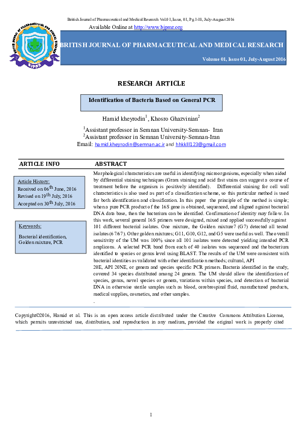 (PDF) Identification of Bacteria Based on General PCR