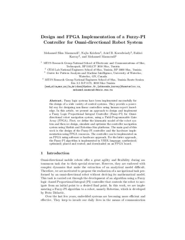 Pdf Design And Fpga Implementation Of A Fuzzy Pi Controller For Omnidirectional Robot System