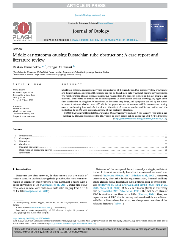 (PDF) Middle ear osteoma causing Eustachian tube obstruction: A case ...