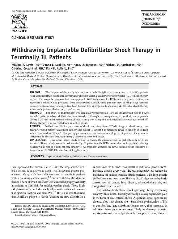 (PDF) Withdrawing Implantable Defibrillator Shock Therapy in Terminally ...