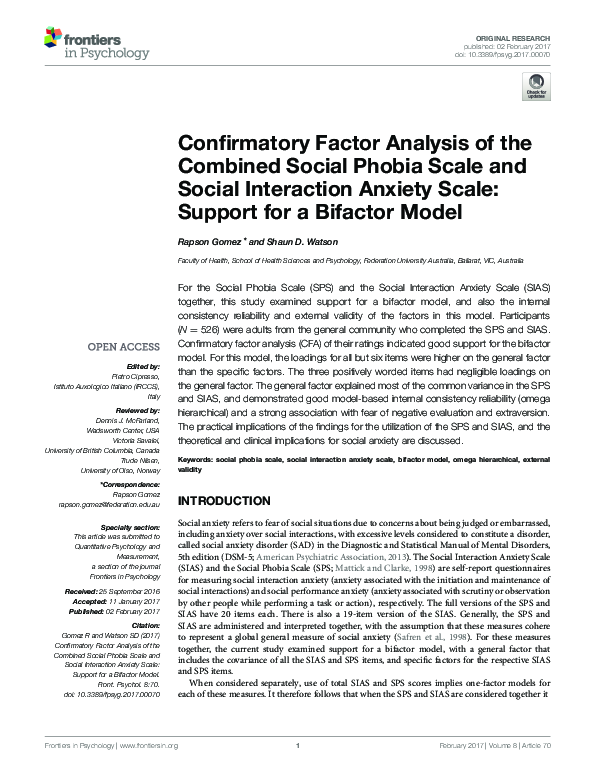 (PDF) Confirmatory Factor Analysis of the Combined Social Phobia Scale ...