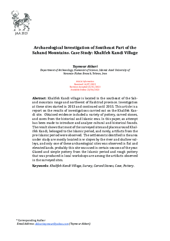 (PDF) Archaeological Investigation of Southeast Part of the Sahand ...
