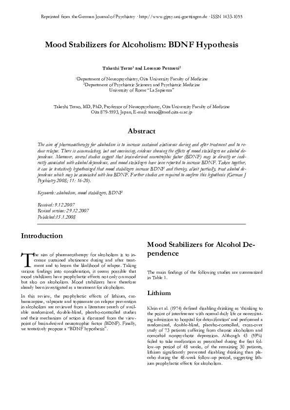 (PDF) Mood Stabilizers for Alcoholism: BDNF Hypothesis