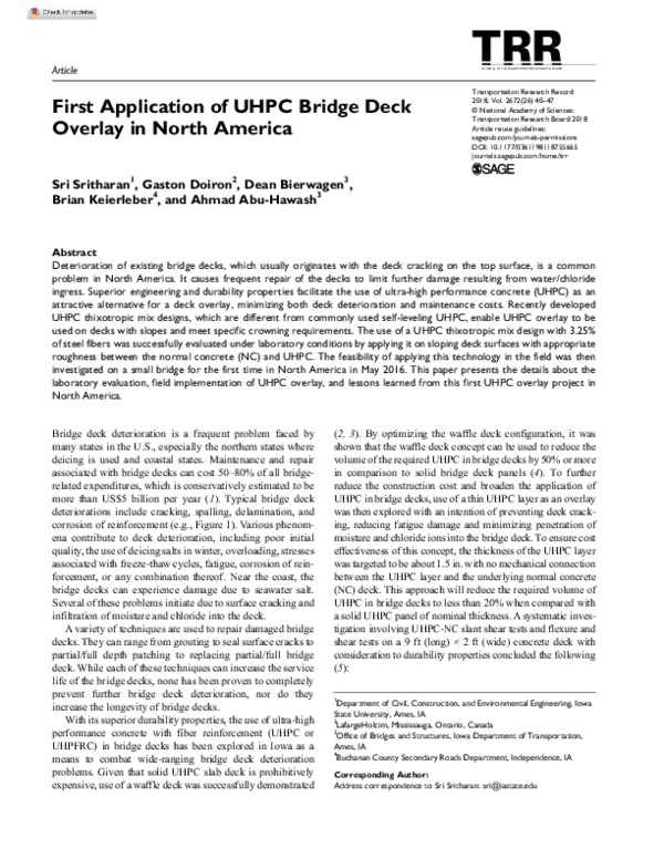 (PDF) First Application of UHPC Bridge Deck Overlay in North America